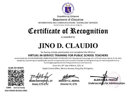 Virtual Inset Certificate Of Recognition Ng Premiuma Ng Republika Ng