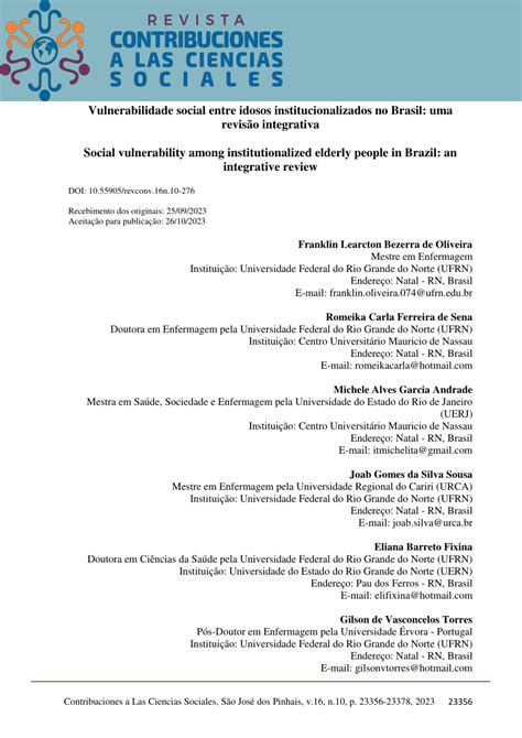 Pdf Vulnerabilidade Social Entre Idosos Institucionalizados No Brasil