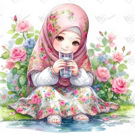 خرید و قیمت بک گراند کودکانه دختر کوچولوی ناز با حجاب نشسته در باغ گل رز در حال آب خوردن کد