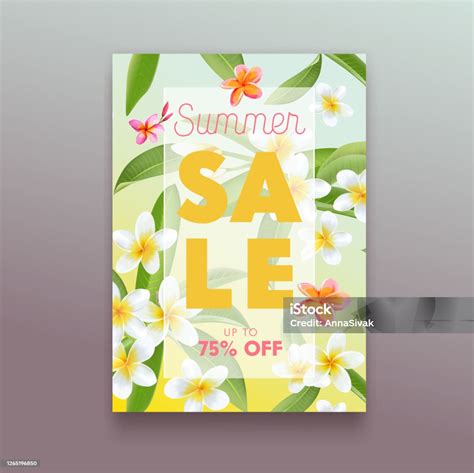 이국적인 열대 깃털꽃과 팜 잎여름 판매 광고 포스터 여름 할인 프로모션 배너 프로모션 플라이어 디자인 오프 카드 Frangipani 꽃 만화 벡터 일러스트레이션 Last