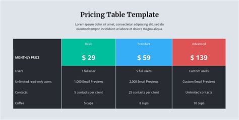 pricing table with dark background template by nicepage