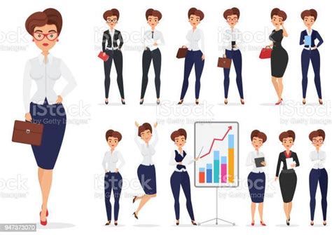 Cantik Kartun Pengusaha Wanita Karakter Berbeda Pose Desain Set Desain