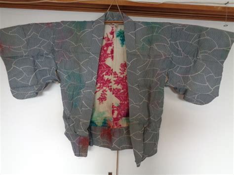Yahooオークション 女性用 絹羽織 鼠色扇文様 絹裏地牡丹文 倹11 半