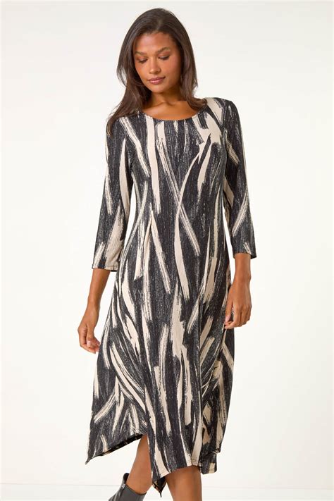 Beige Ribbon Print Hanky Hem Stretch Midi Dress Roman Uk