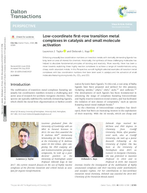 Pdf Low Coordinate First Row Transition Metal Complexes In Catalysis And Small Molecule Activation
