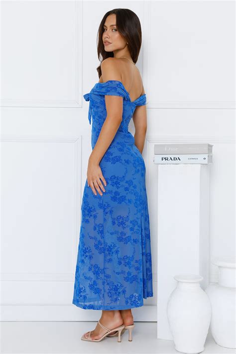 Girly Luxe Off Shoulder Mesh Maxi Dress Blue Hello Molly