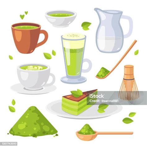 일본 민족 및 국가 다도 말차 제품 컬렉션 말차 분말 차 컵 대나무 숟가락 비스킷 체이센 차 샤쿠 차완 라떼 컵 유리 우유 주전자 만화 벡터 세트입니다 0명에 대한 스톡