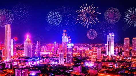 City Festive Night Fireworks Dazzling Blooming Powerpoint Background