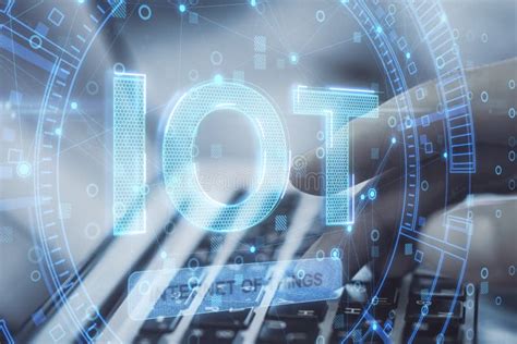 Side View Of Hands Using Laptop With IOT Internet Of Things Concept On Blurry Background Stock