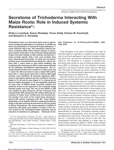 Pdf Secretome Of The Biocontrol Fungus Trichoderma Virens Co Cultured With Maize Roots Role