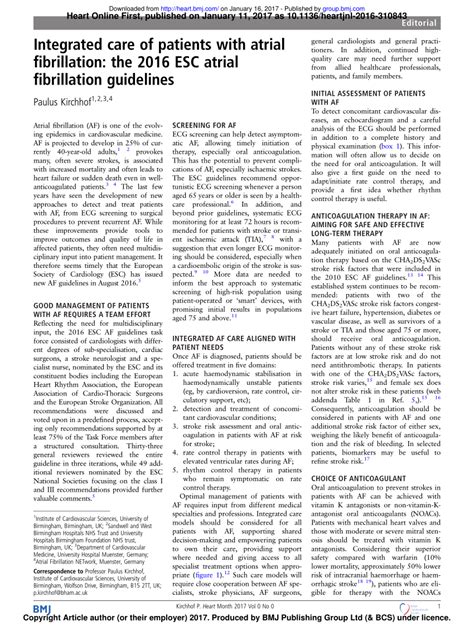 Pdf Integrated Care Of Patients With Atrial Fibrillation The 2016 Esc Atrial Fibrillation