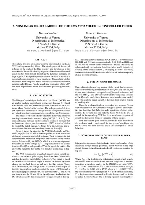 Pdf A Nonlinear Digital Model Of The Ems Vcs3 Voltage Controlled Filter