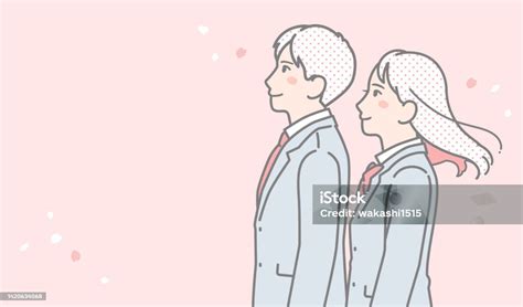 미래를 바라보는 남녀 학생들의 벡터 일러스트 레이 션 자료 라인아트에 대한 스톡 벡터 아트 및 기타 이미지 라인아트 벚꽃