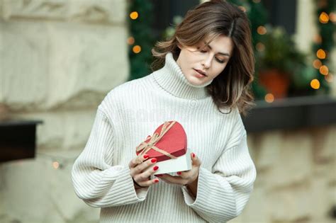 Beautiful Girl Open Red Heart T Box Valentine`s Day Stock Image