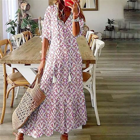 Munlar Long Sleeve Pink Womens Sundress Pleated Long Dress V Neck