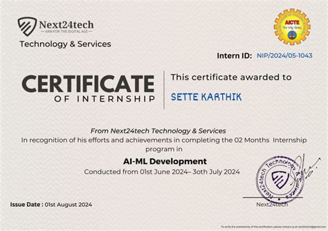 Completed An Internship In Ai And Ml At Next24 Karthik Sette Posted