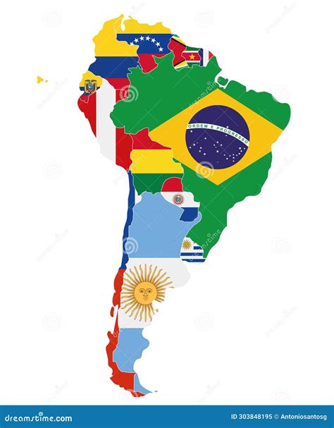 Political South America Map Vector Illustration With The Flags Of All