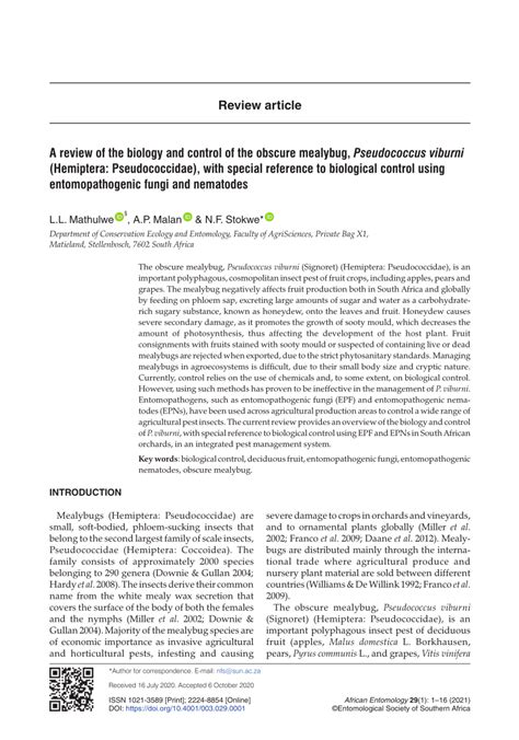 Pdf A Review Of The Biology And Control Of The Obscure Mealybug Pseudococcus Viburni