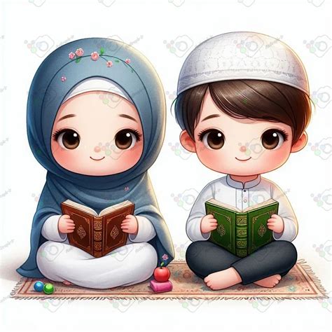 بک گراند کودکانه دختر ناز کوچولوی با حجاب و پسر کوچولو در حال قرآن