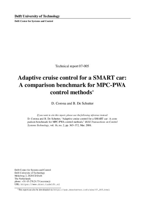 Pdf Adaptive Cruise Control For A Smart Car A Comparison Benchmark For Mpc Pwa Control Methods