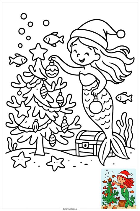 크리스마스 인어의 산호 나무 장식하기 색칠하기 페이지 무료 Pdfandpng 인쇄 가능