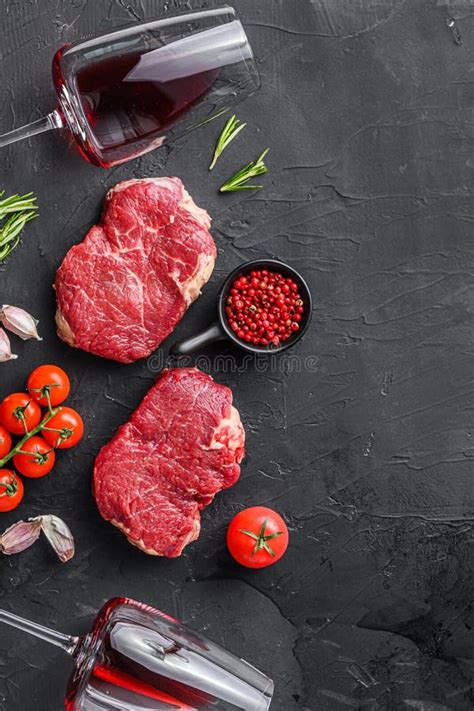 Raw Rump Steaks From Organic Beef Meat Cuts Near Red Wine Glasses With