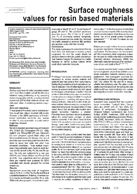 Pdf Surface Roughness Values For Resin Based Materials
