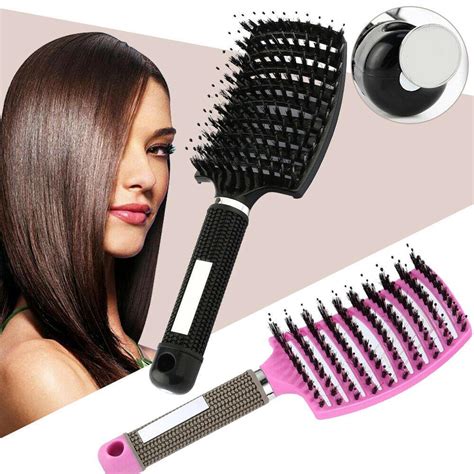 Soft Boar Bristle Hair Brush Curved Vented Detangling Pin Massager Com
