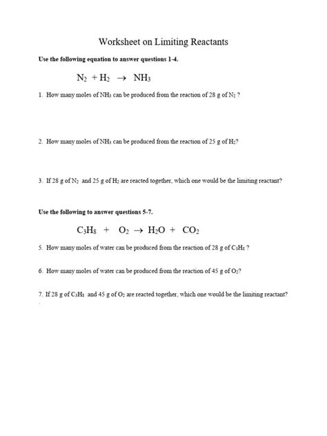 Limiting Reactants Ws Pdf Chemical Reactions Unit Processes