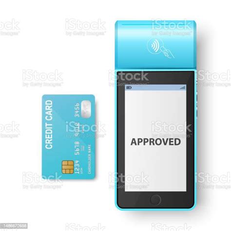 벡터 3d 승인 된 상태 및 파란색 신용 카드가있는 파란색 Nfc 결제 기계 Wifi 무선 결제 Pos 단말기 은행 결제