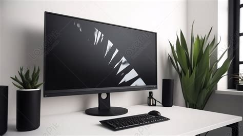 모형 렌더링을 클로즈업하여 3d 검정색 컴퓨터 화면을 보여주는 흰색 사무실 책상 감시 장치 배경 로즈 배경 노트북 컴퓨터 배경 이미지 Hd 감시 장치 로즈 노트북