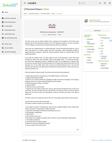 Cisco Placement Paper Cisco Interview Experience 26 07 2017 ID 6504 IndiaBIXIndiaBIX
