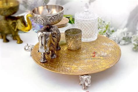 Elephant Platter With Carved Metal Top Carved 12 Inch Glittery Gold At
