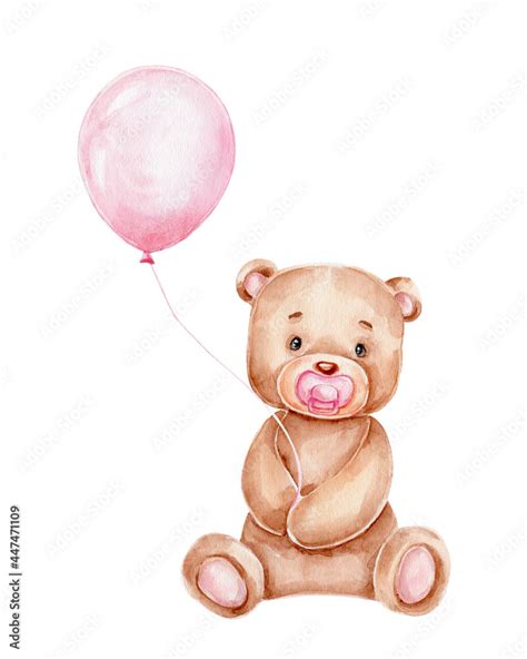 Cute Cartoon Teddy Bear And Pink Balloon Watercolor Hand Drawn