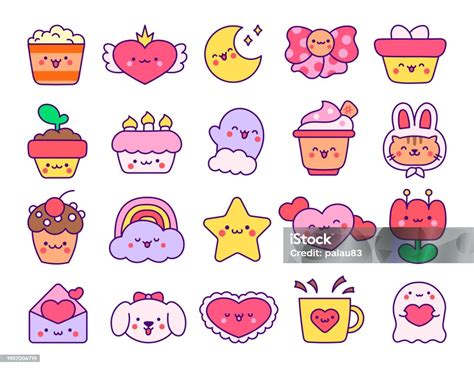 만화 귀여운 행복한 카와이 캐릭터 생활방식 손으로 그린 스타일입니다 벡터 그리기 디자인 요소 모음 달 하늘에 대한 스톡 벡터