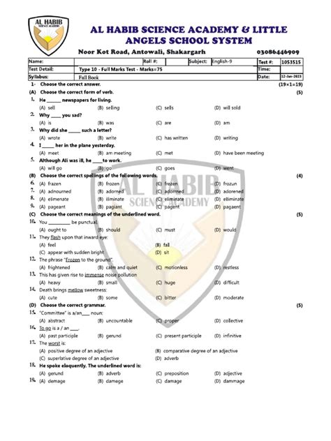 9th English Test 6 Full Book Pdf
