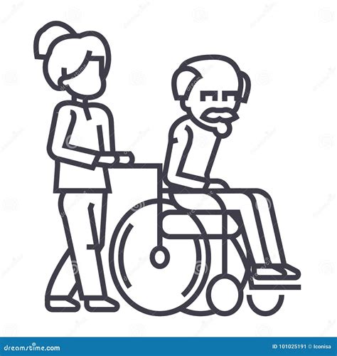 Young Woman Social Worker Strolling With Elder Man In Wheelchair