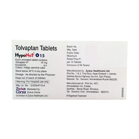 Tolvaptan Tablet Hyponat O 15 Tablet For Clinical Hospital Personal