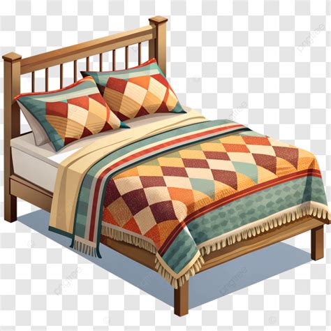 Cartoon Bed With Geometric Pattern Bedding Clipart Illustration Wooden