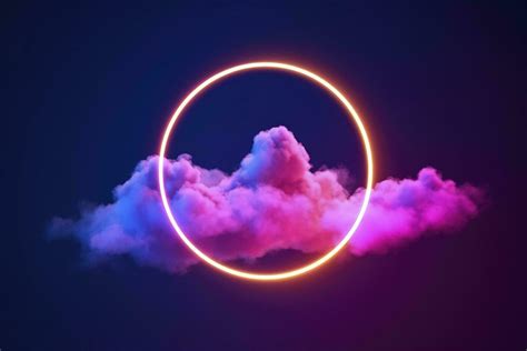 D Render Abstract Cloud Illuminated With Neon Light Ring On Dark Night Sky Glowing Geometric