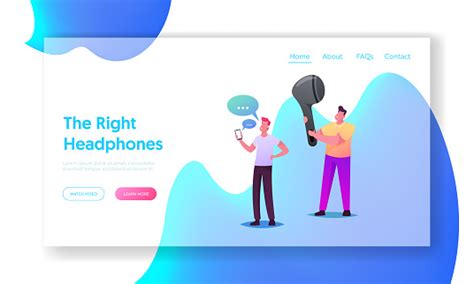 무선 헤드폰 방문 페이지 템플릿 젊은 이들은 휴대 전화에서 음악을 듣습니다 거대한 이어버드와 모바일 을 즐기는 소리와 작은 문자 통신 만화 사람들 벡터 일러스트레이션 개념에