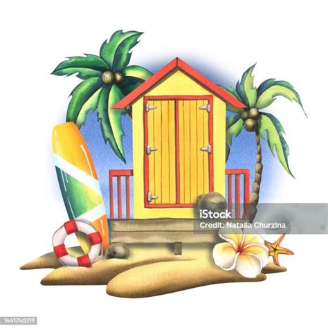 서핑보드 코코넛 바다와 하늘을 배경으로 열대 섬의 구명 부표가 있는 목조 줄무늬 비치 하우스 수채화 그림입니다 서핑 컬렉션의 구성 만화에 대한 스톡 벡터 아트 및 기타