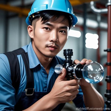 Asian Man Fixing Water Pipe With Glasses Stable Diffusion Online