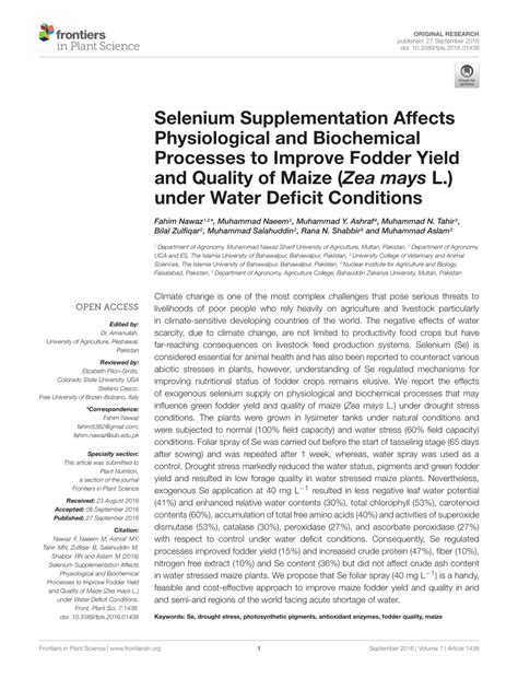 Pdf Selenium Supplementation Affects Physiological And Biochemical Processes To Improve Fodder