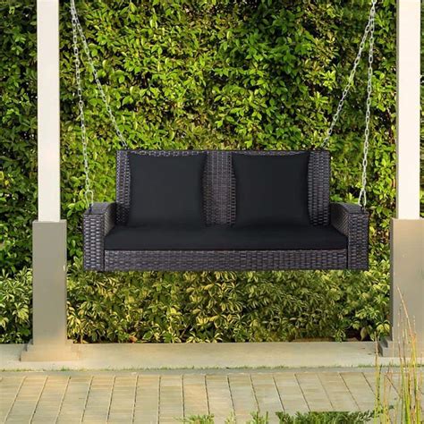 Zeus And Ruta 2 Person Black Metal Patio Rattan Porch Swing With Cushions