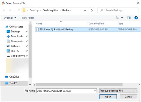 Restore A Backup Data File TradeLog Software