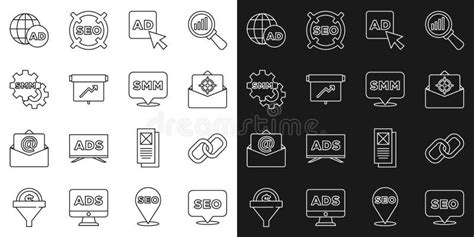 Set Line SEO Optimization Chain Link Mail And E Mail Advertising Board With Graph Chart