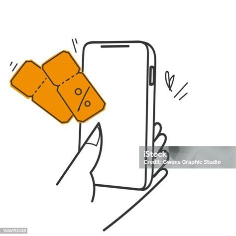 손으로 그린 낙서 사람 할인 쿠폰 그림 벡터와 함께 전화를 들고 로열티 프로그램에 대한 스톡 벡터 아트 및 기타 이미지