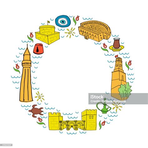 배너 기념품 소책자를 위해 흰색 배경에 고립 된 안탈리아와 터키 어 기호의 도시 명소로 설정됩니다 원 프레임입니다 여행사 인쇄소용 손으로 그린 벡터 일러스트레이션 0명에