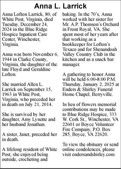 Anna L Larrick Obituaries